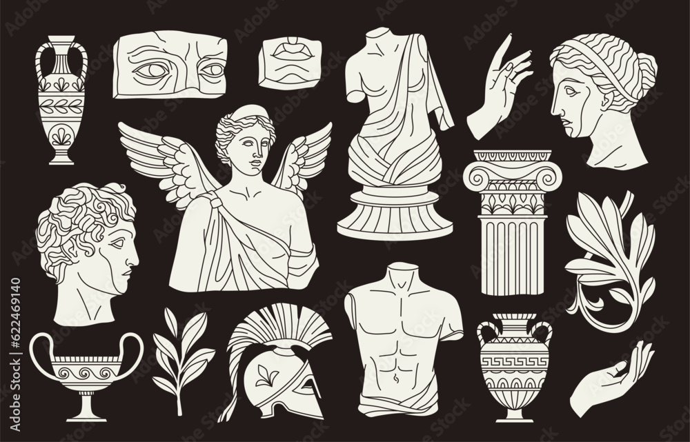 Ancient Greek sculptures set. Antique statues, plants and vases in line ...