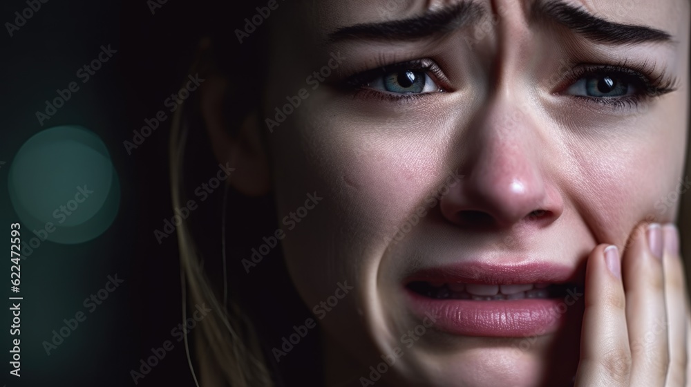 Sad depressed desperate grieving crying woman with folded hands and ...