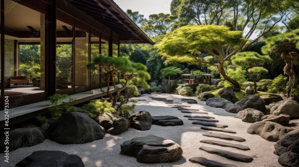 Zen garden with carefully manicured rocks, a meditative pathway, and ...