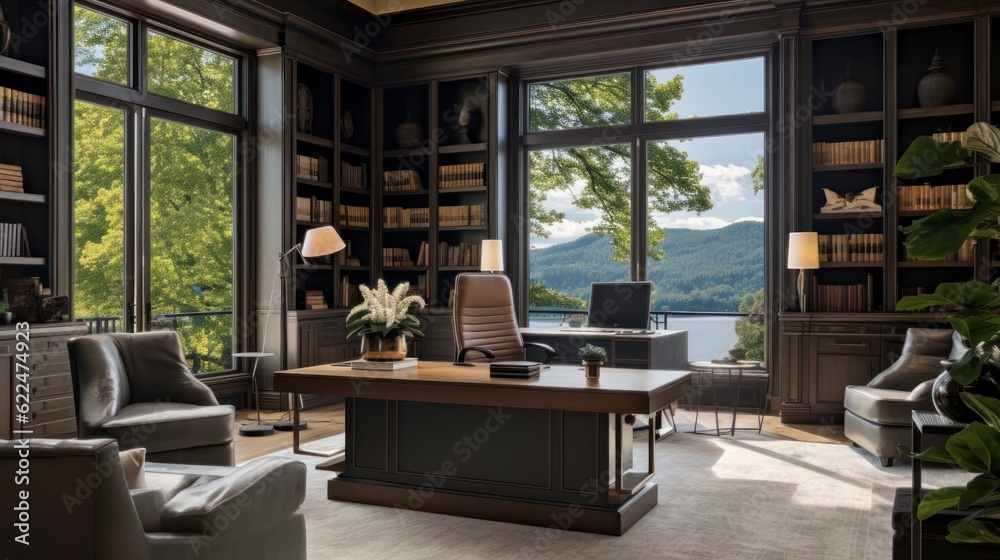 Stylish home office or library with custom built in bookshelves, comfortable seating, and ...