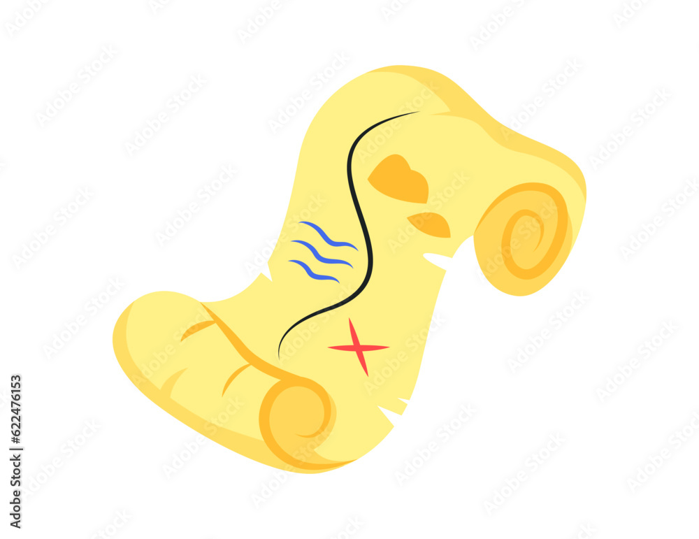 Obraz Sea pirate concept. Sticker with paper scroll or map of buried treasure and chest with ...