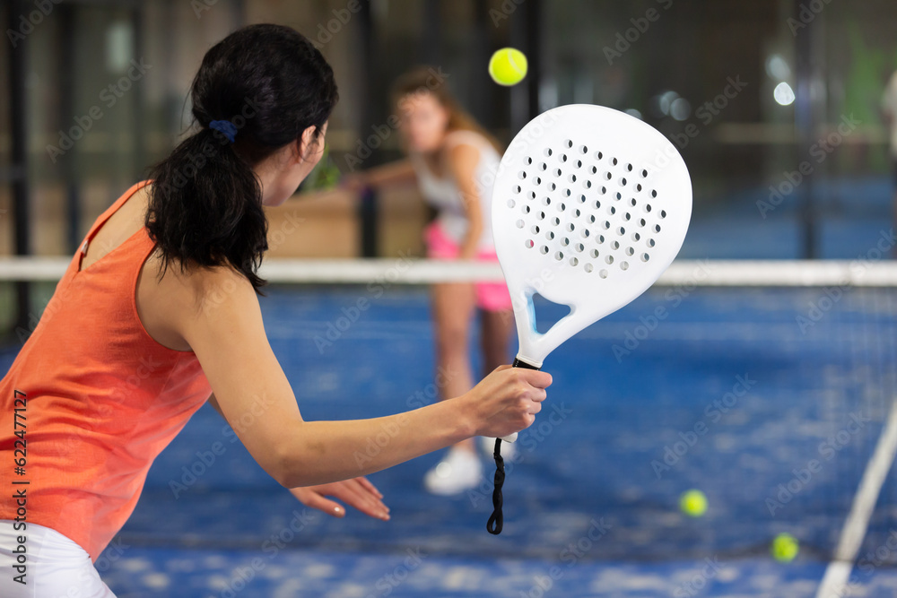 Rear view of young sporty brunette playing paddle tennis on closed ...
