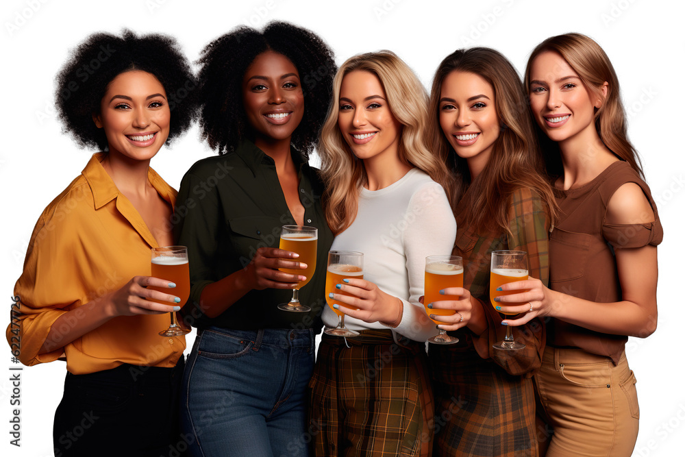 Multi ethnic group of five cheerful young women holding beers on white ...