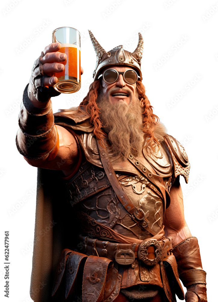 Viking man character cheers with craft beer on isolated transparent ...
