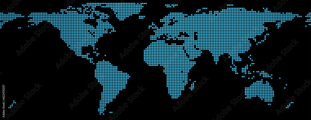 Abstract world map out of blue pixels, digital block map, rounded pixel ...