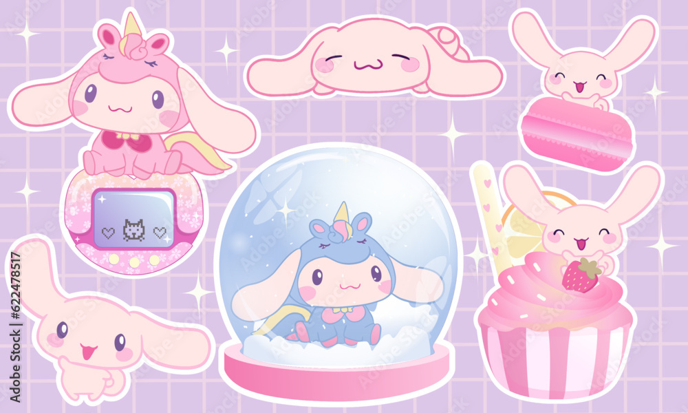 Big sticker set cute cartoon pink bunny with cupcakes, macarons ...