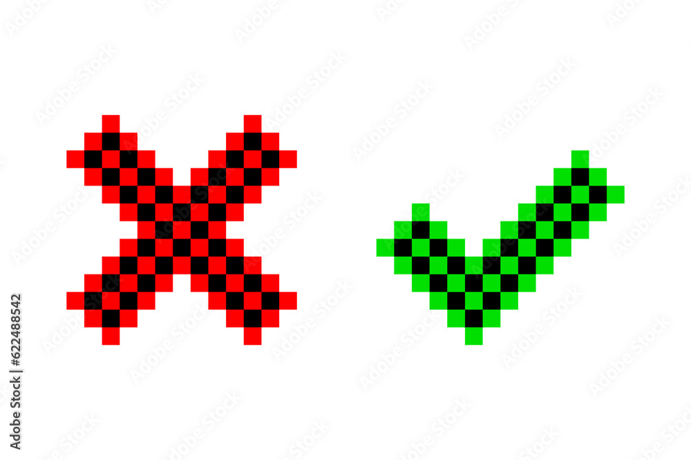 Pixel art check mark and cross mark. Tick and cross sign. Vector ...