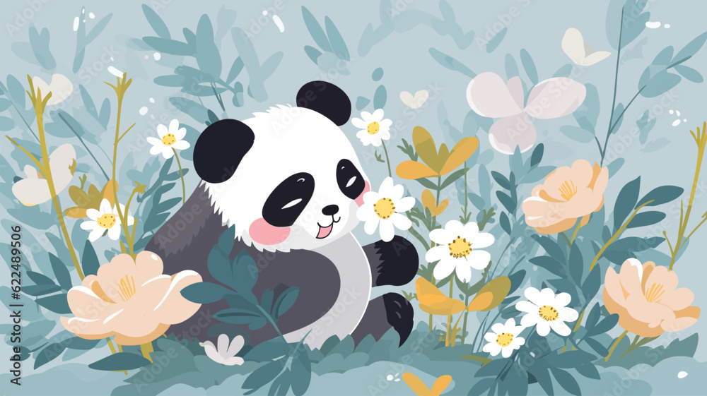 Vector illustration of cute panda and flower field. Stock Vector ...
