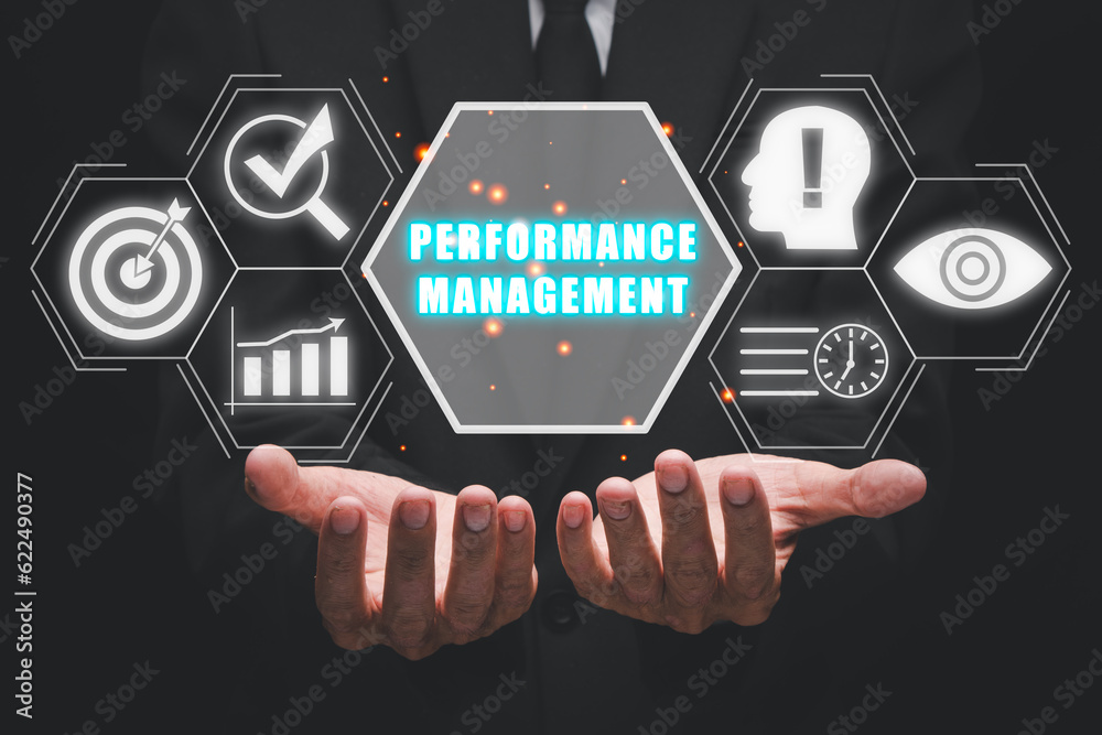 Performance management concept, Businessman hand holding performance ...