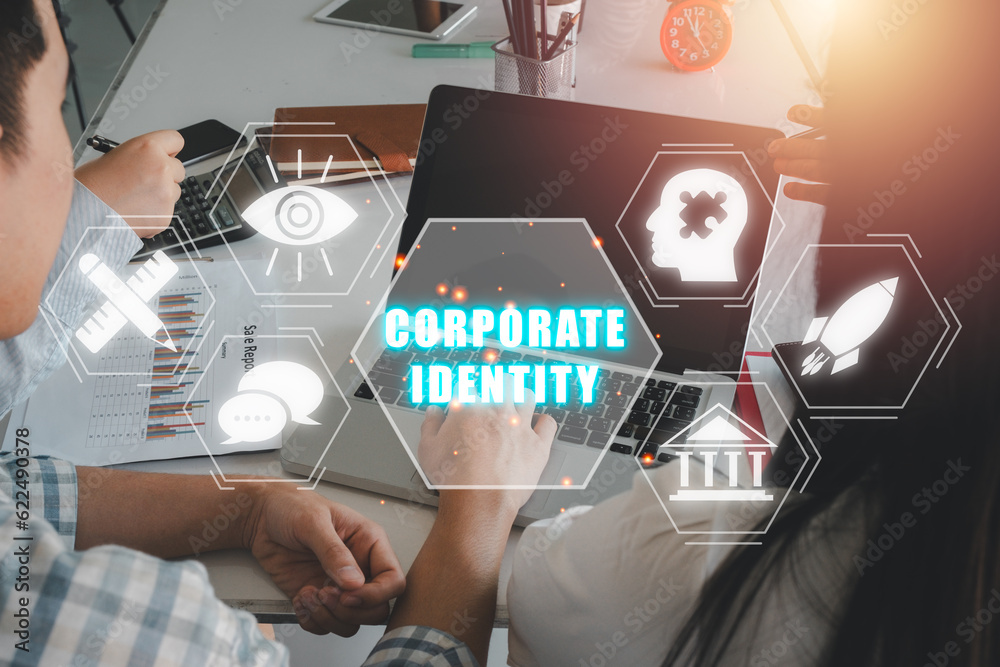 Corporate identity concept, Business team analyzing income charts and ...