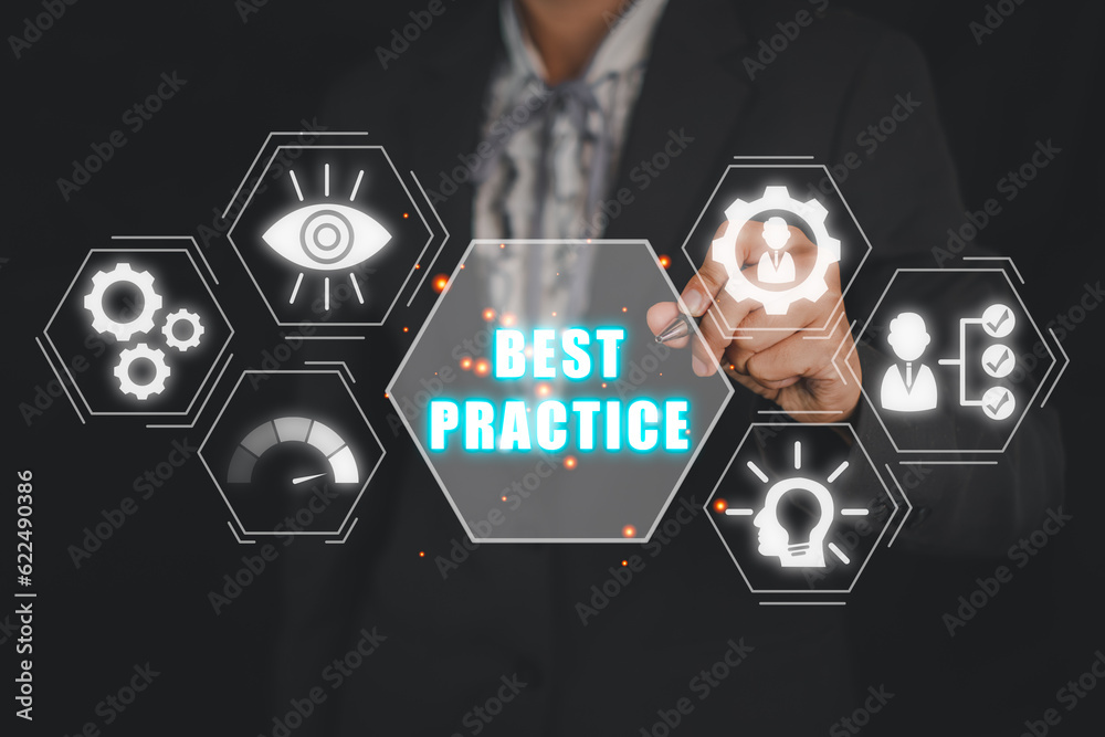 Best practice concept, Business person hand touching best practice icon ...