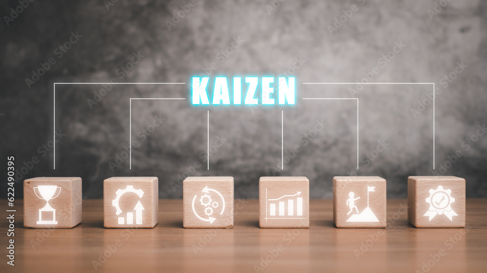KAIZEN concept, Wooden block on desk with kaizen icon on virtual screen ...