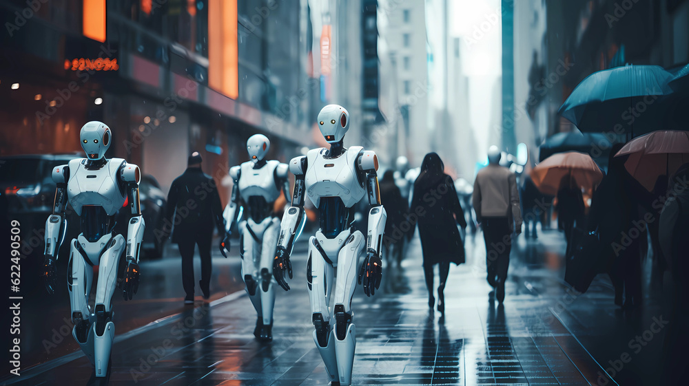 AI Generated of group of robots walking down the street in a futuristic ...