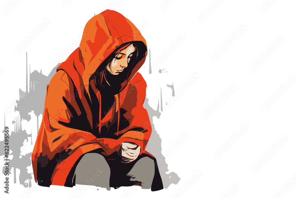 Doodle inspired Homeless woman, cartoon sticker, sketch, vector ...