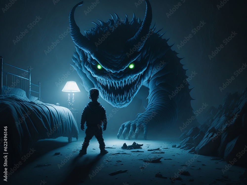 Nightmare concept showing a boy on bed facing giant monster in the dark ...