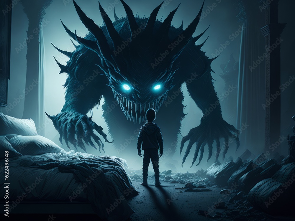 Nightmare concept showing a boy on bed facing giant monster in the dark ...
