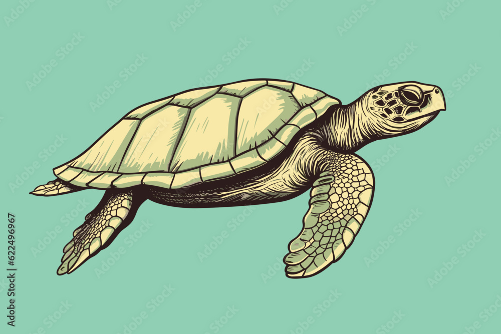 Doodle inspired Green sea turtle, cartoon sticker, sketch, vector ...