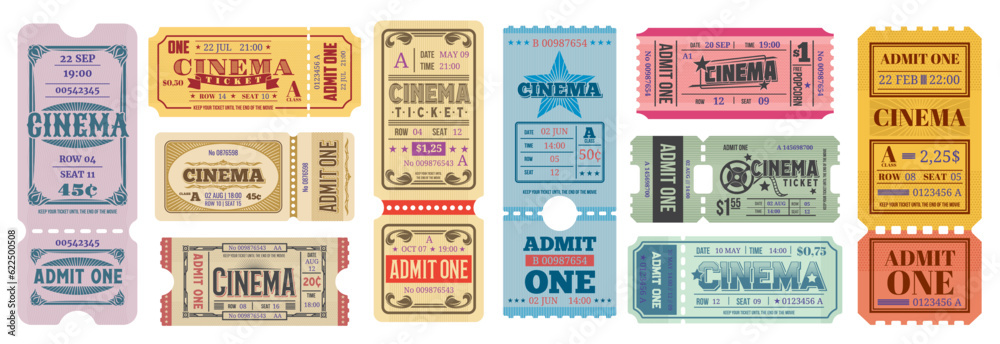 Old vintage movie cinema tickets. Admit one retro coupon vector ...