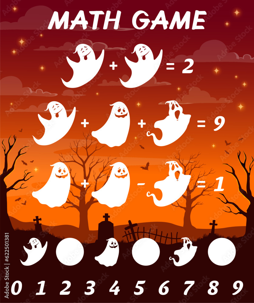 Math game worksheet. Halloween ghost characters on cemetery. Children ...