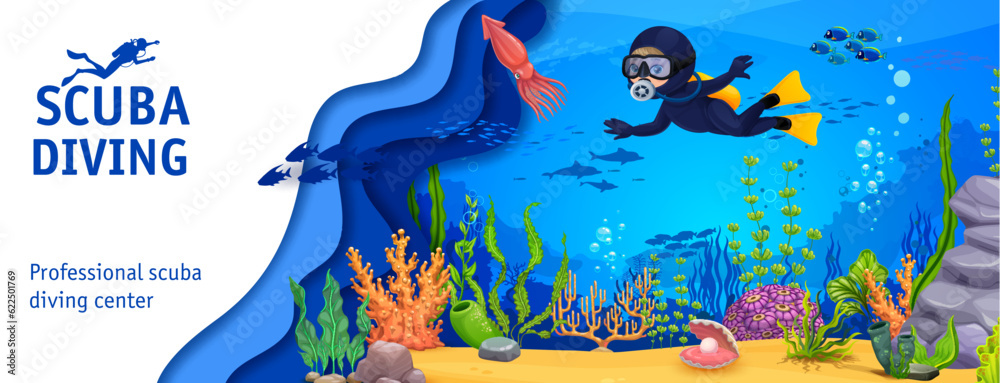 Scuba diving banner. Cartoon young diver and squid on sea underwater ...