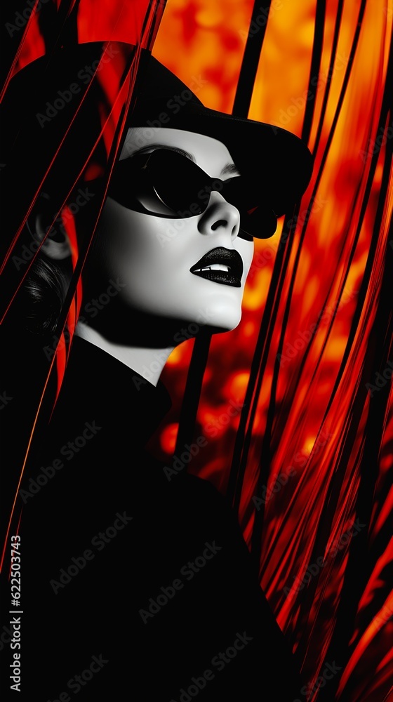 closeup woman wearing hat sunglasses flaming background fashion color ...