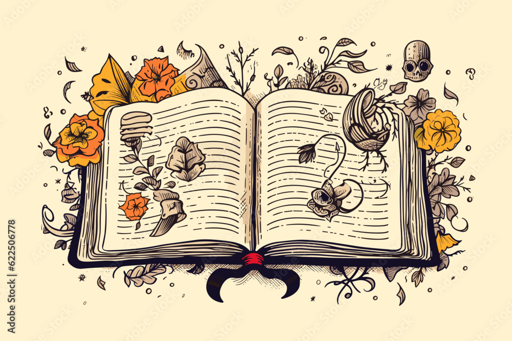 Doodle inspired Spellbook, cartoon sticker, sketch, vector ...