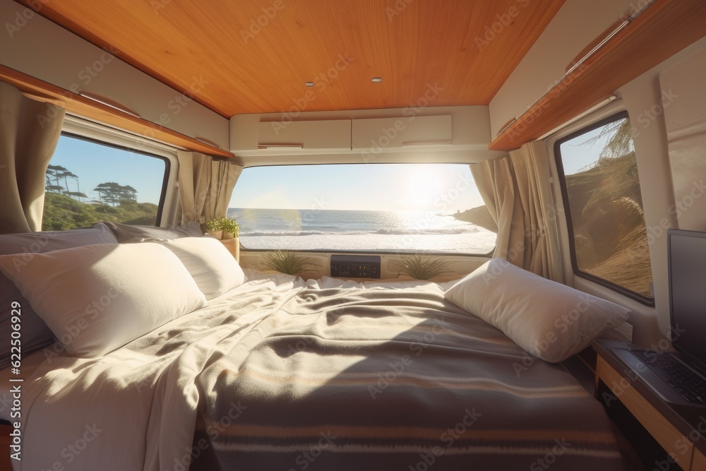 Beautiful Empty Van Life Camper with Diy Bed and Cozy Blankets. Wood ...