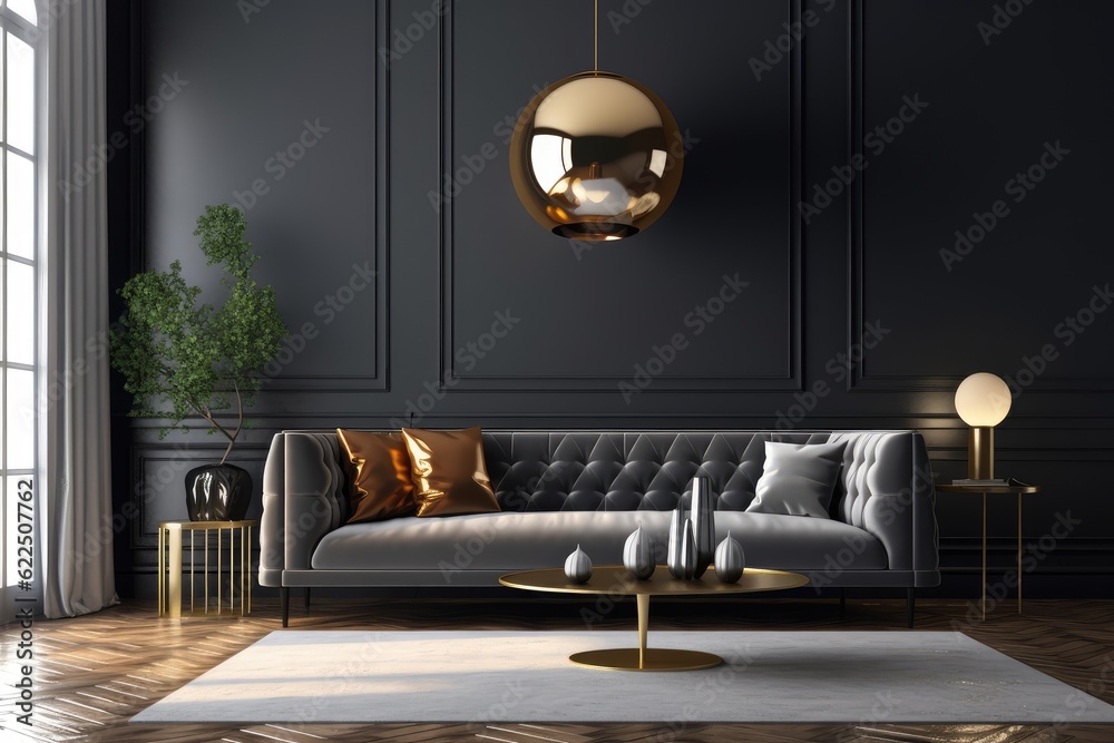 Stylish Parisian Glamor Black Living Room Interior With Grey Suede ...