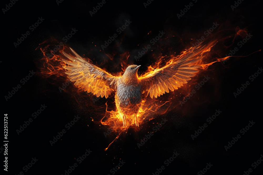 Bird made of fire flame, dove flying from yellow flare, burning fiery ...