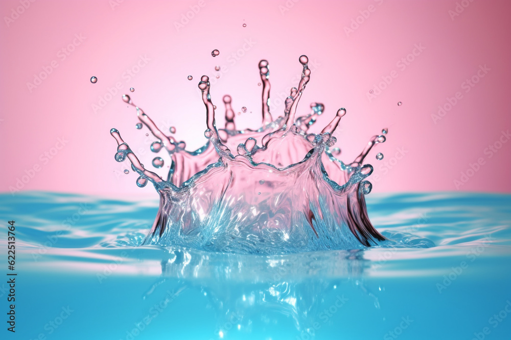 Blue water splashes on neon pink light background with ripples after ...
