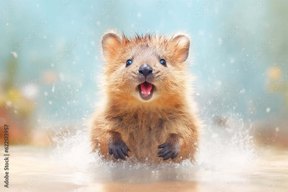 Quokka play with water splashes isolated background, cute quokka ...