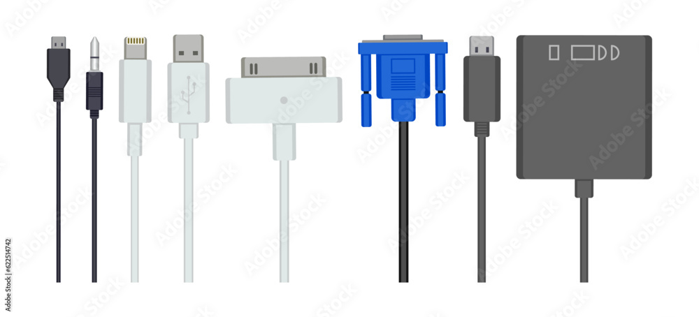 Different adapter cables vector illustrations set. USB connector ports ...