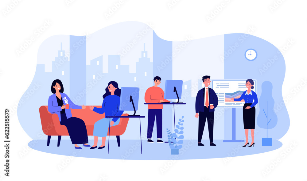 Happy team working in office vector illustration. Coworkers meeting ...