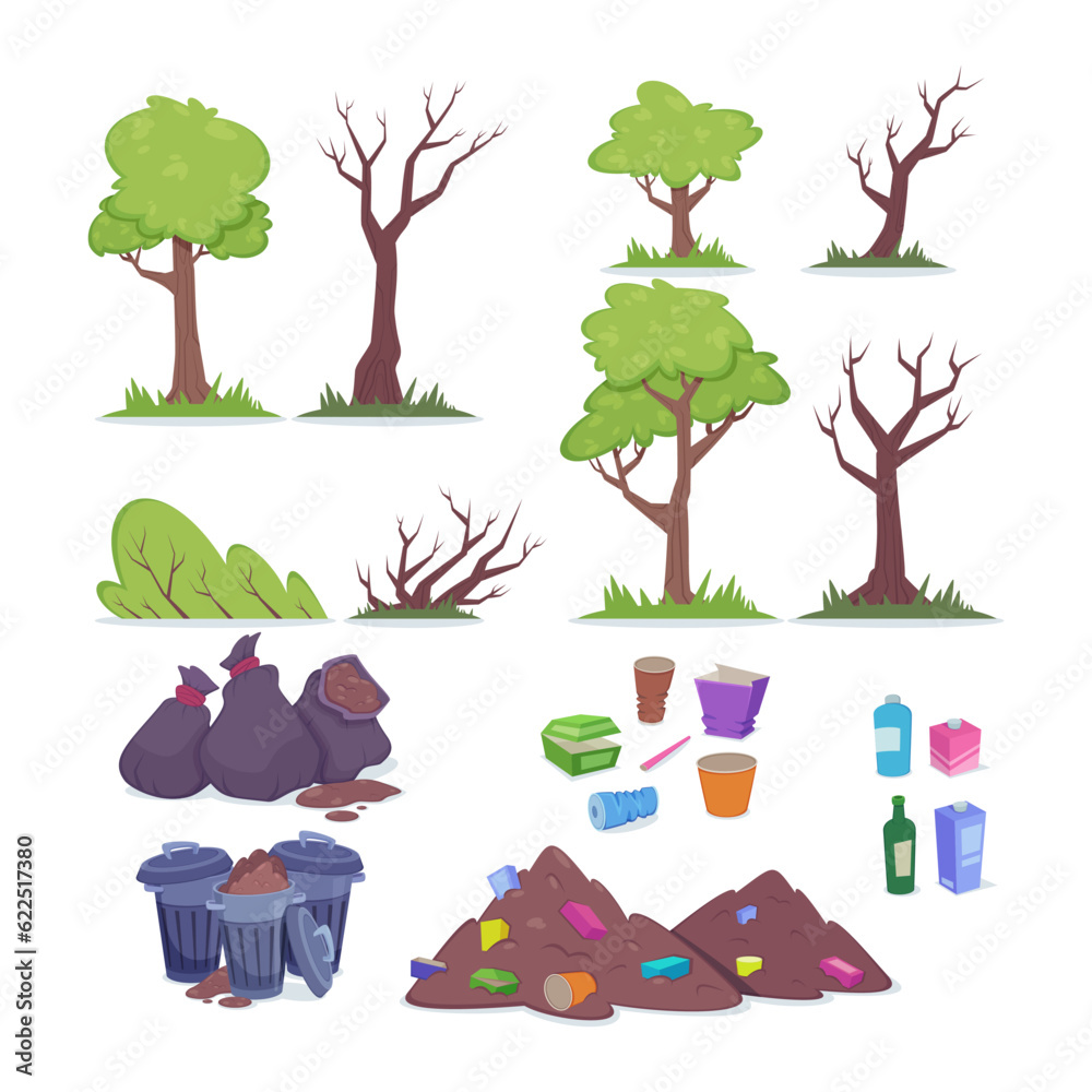 Healthy and leafless trees and garbage vector illustrations set ...