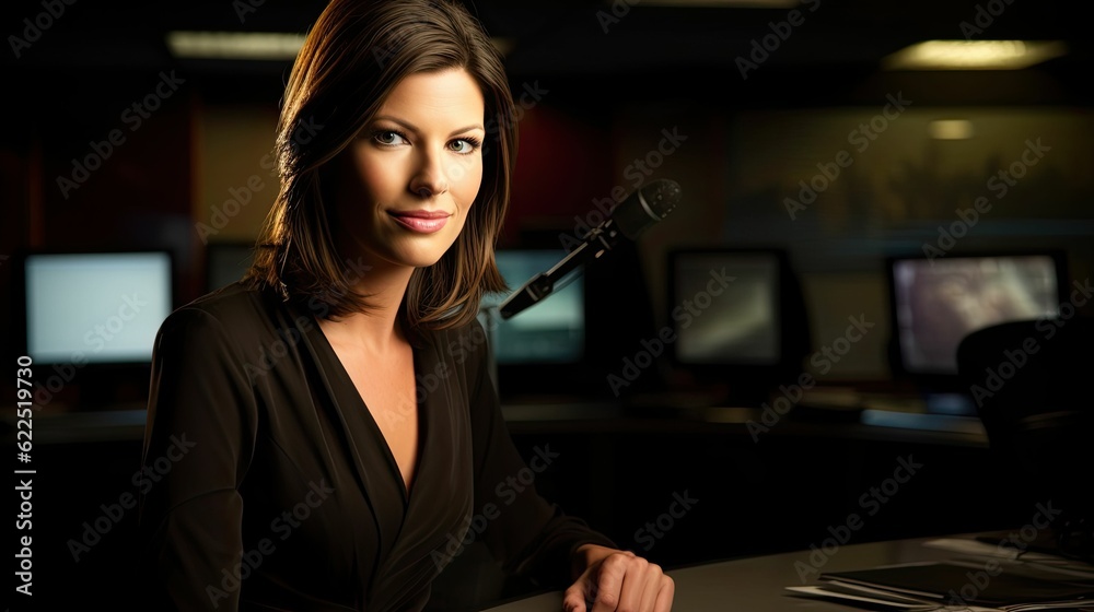 Beautiful female TV show news presenter, newsreader woman in studio ...