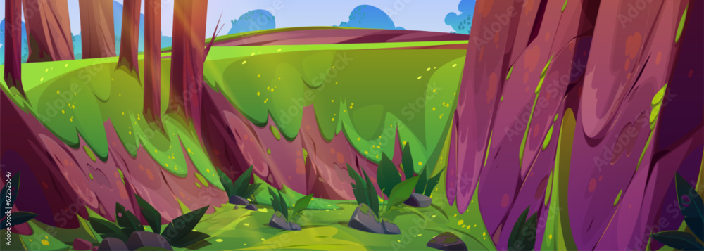 Cartoon forest landscape with old trees and steep hill slope. Vector ...