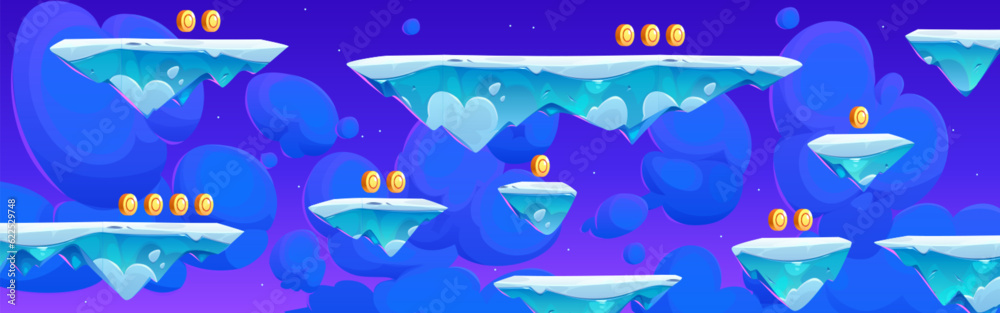 Winter game islands with golden coins flying on blue background. Vector ...