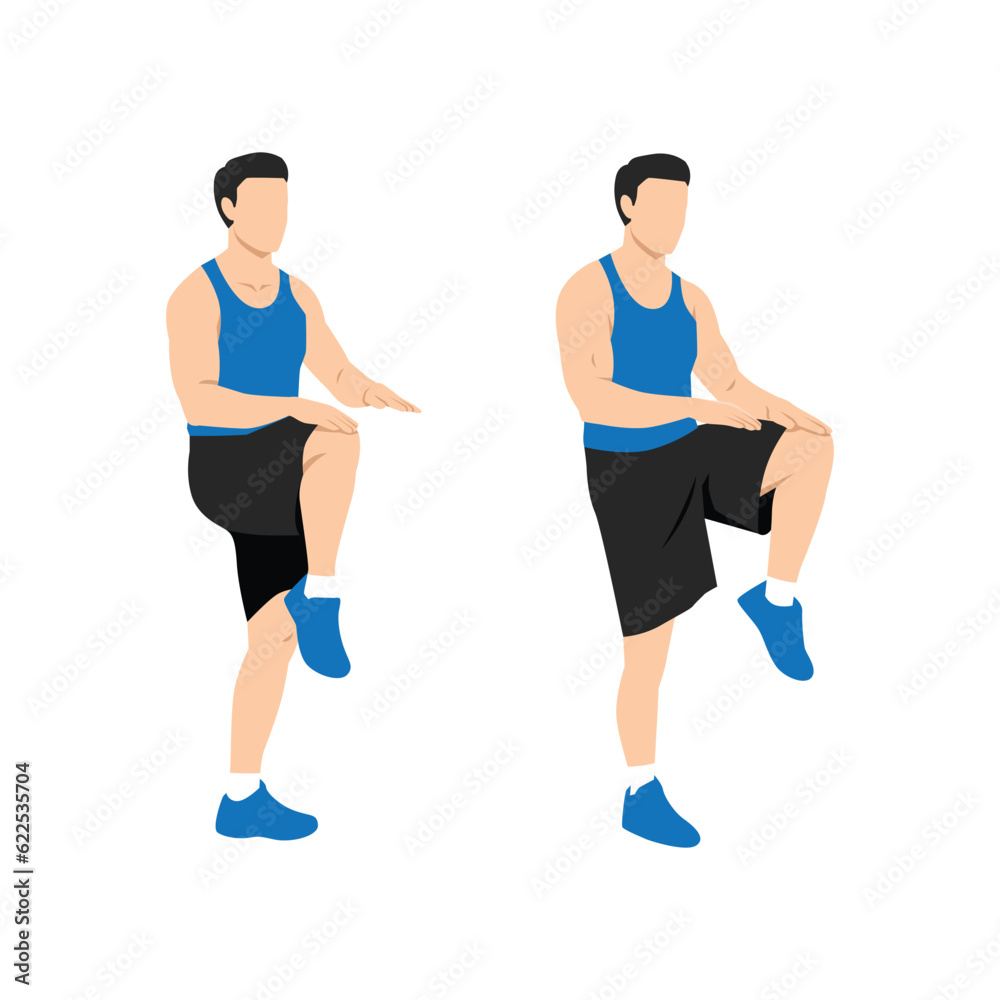 Man doing High knees. Front knee lifts. Run. and Jog on the spot ...