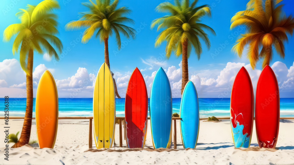 Surfboard and palm trees on a beach, summer vacation concept ...