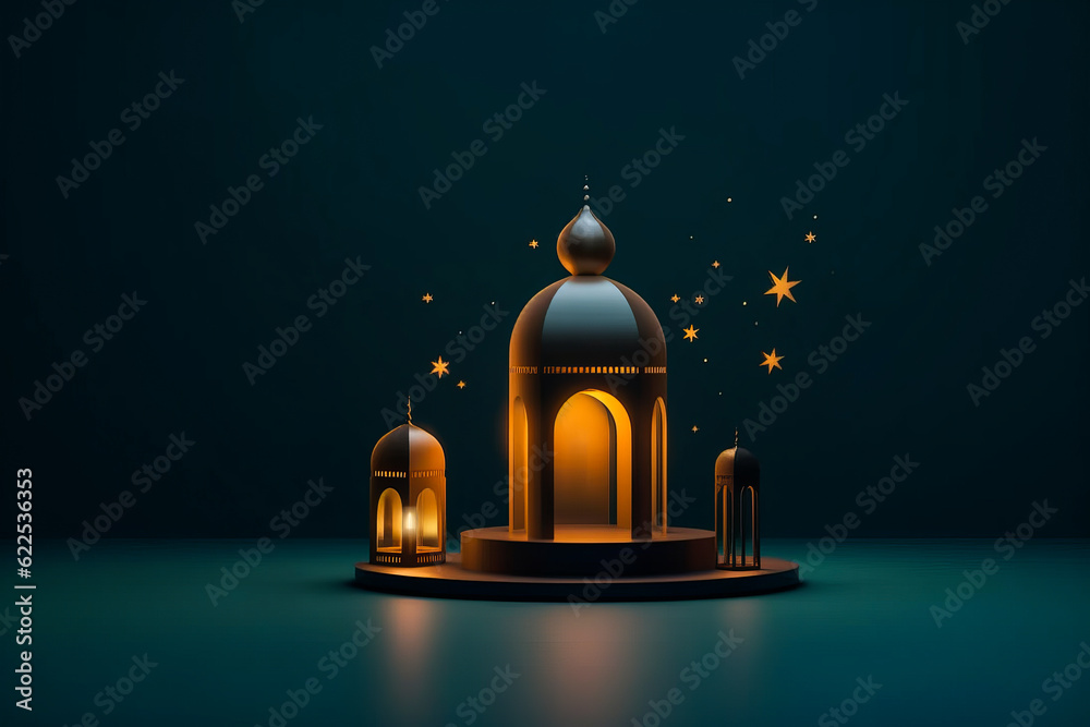 Elegant wireframe portrayal of Islamic architecture and Ramadan symbols ...