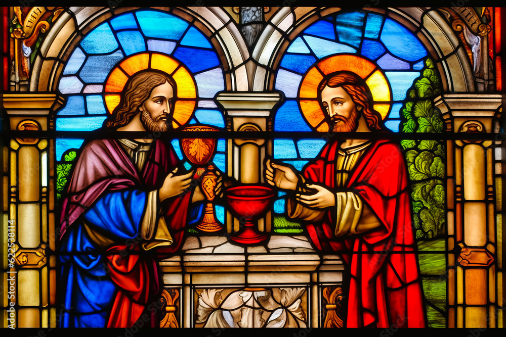 Stunning stained-glass scene of Jesus performing the water-to-wine ...
