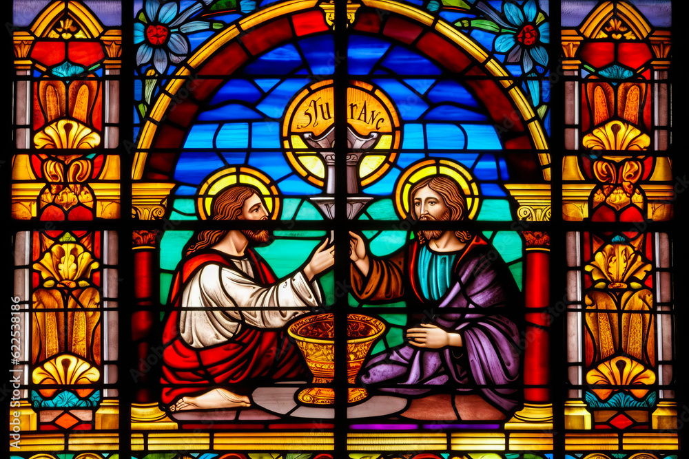 Breathtaking stained glass scene of Jesus turning water into wine at ...