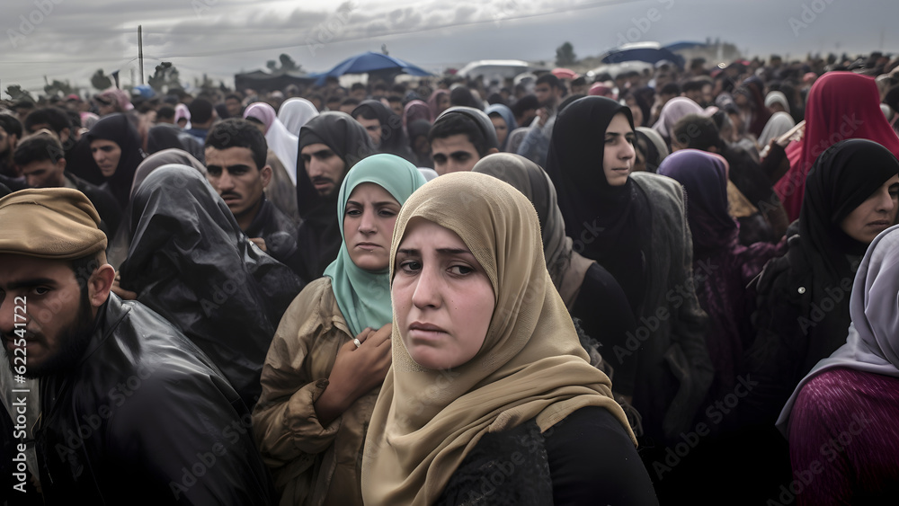 large crowd of middle eastern refugees in a refugee camp. Neural ...