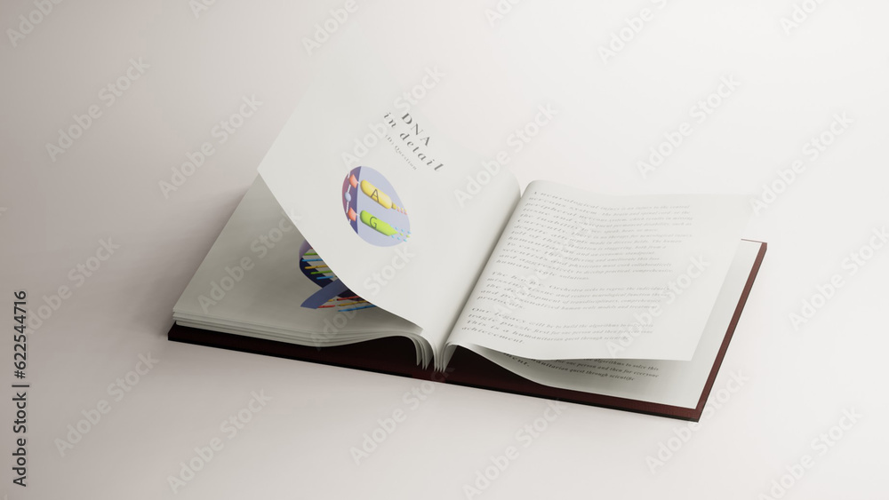 3D Illustration of a 3D DNA Guidebook opening to reveal detailed ...