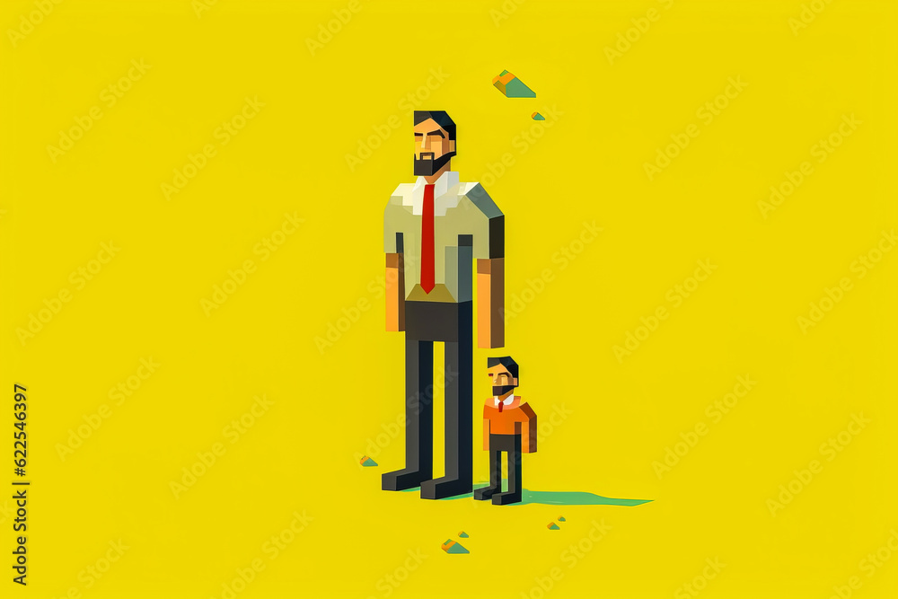 Emotion-filled minimalist digital pixel art displaying a loving father ...