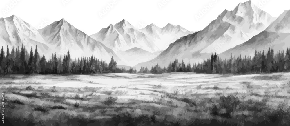 Hand drawn mountain range nature landscape. Greyscale abstract panorama ...