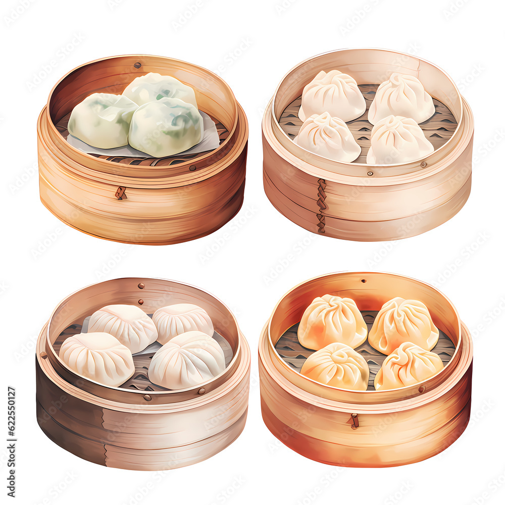 Water color style collection of realistic Steamed Buns and Dim Sum ...
