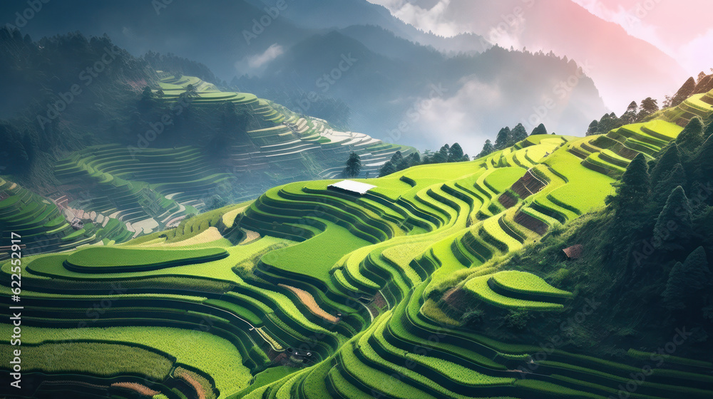 Drone view of rice plantation in bali with path to walk around and ...