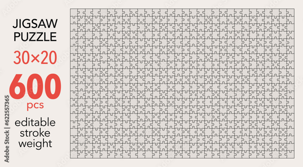 Empty jigsaw puzzle grid template, 30x20 shapes, 600 pieces. Separate ...