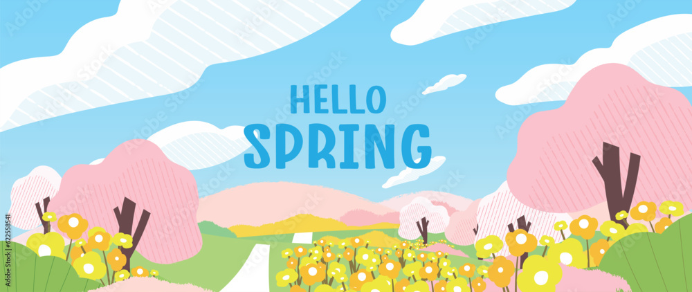 Spring nature and country landscape background. Seasonal illustration ...